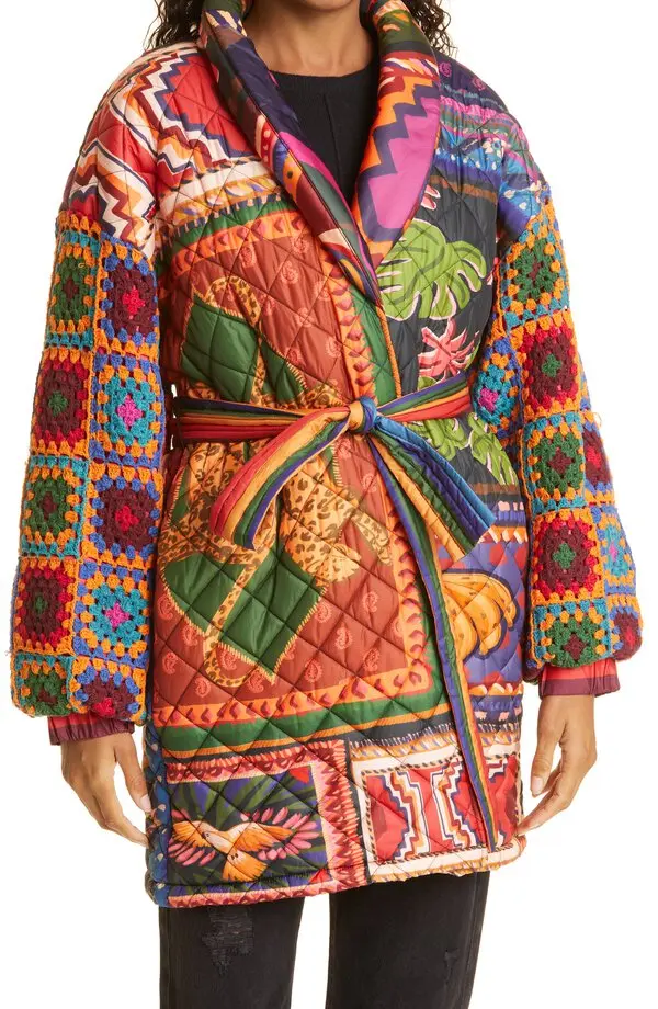 Buy FARM Crochet Puffer Jacket Patchwork Tapestry At 60 Off
